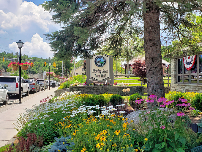 Blowing Rock Town Hall welcomes visitors with a floral explosion that puts most botanical gardens to shame. Small-town charm with big-time blooms.