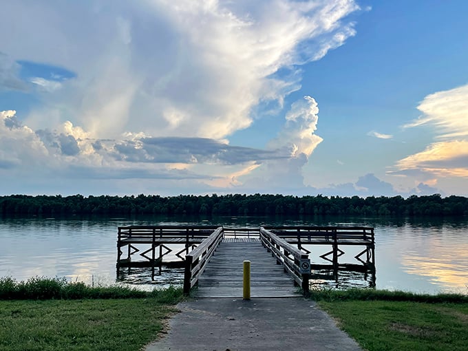 A wooden pier stretches toward infinity as clouds perform their daily ballet above Lake Chicot. Nature's version of a meditation app, but without the subscription fee.