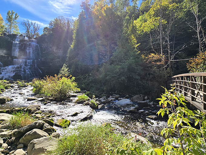 Fall foliage frames the falls like nature's own Instagram filter, while the footbridge offers front-row seats to this geological masterpiece.