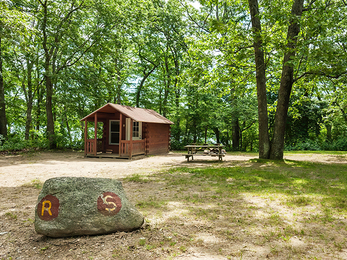 Rustic charm meets woodland serenity at this cozy cabin site. The painted rock marker adds that "we've been expecting you" touch to your forest getaway.