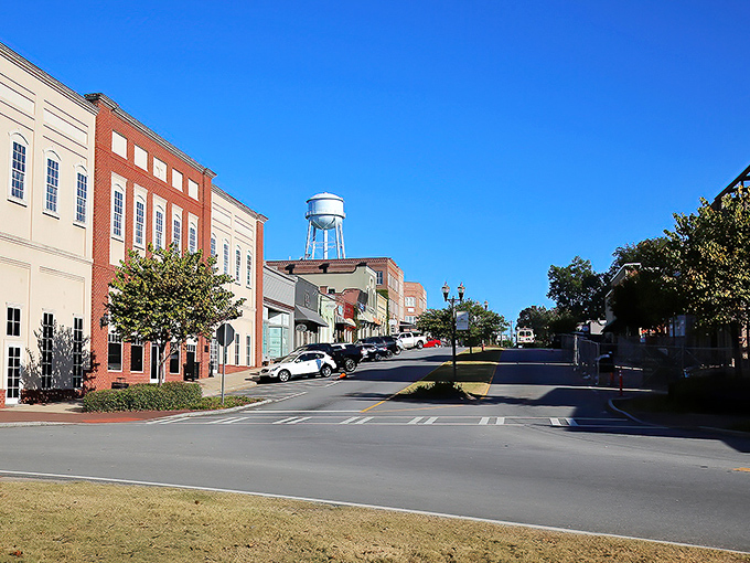 Senoia's Main Street looks like it was designed by someone who got an A+ in "Perfect Small Town 101." That iconic water tower keeps watch over everything.