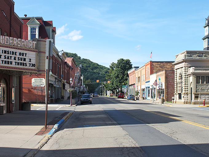 Main Street magic! Coudersport's historic theater marquee stands as a sentinel of small-town charm, while the surrounding brick buildings whisper stories of Pennsylvania's past.