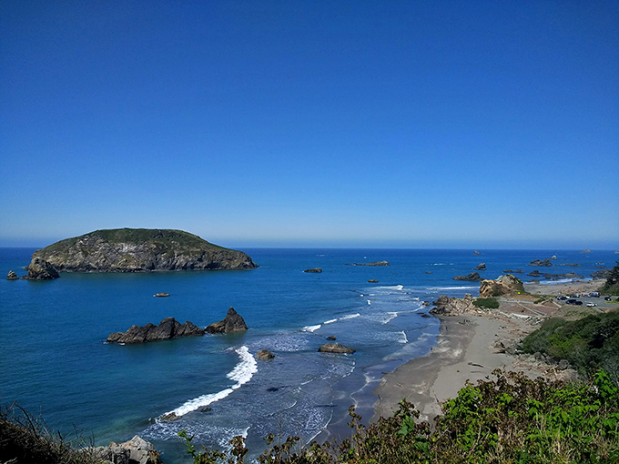 Bird Island stands majestically offshore like nature's skyscraper, while gentle waves create a hypnotic rhythm on the sandy shore below.