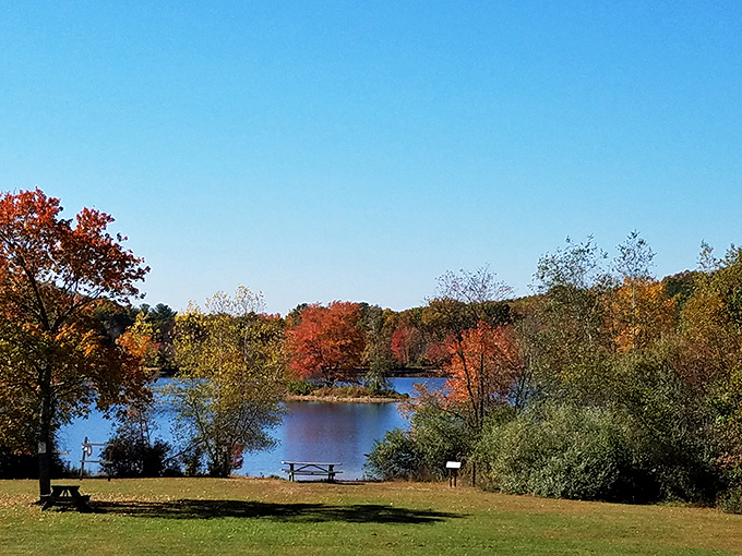 Fall foliage reflected in Lake Nescopeck creates nature's perfect symmetry &ndash; like a Rorschach test where everyone sees the same thing: pure beauty.