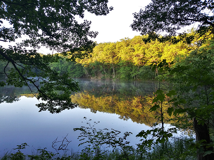 Morning mist hovers over a kettle lake like nature's own meditation app. The perfect mirror-like reflection doubles the autumn glory.