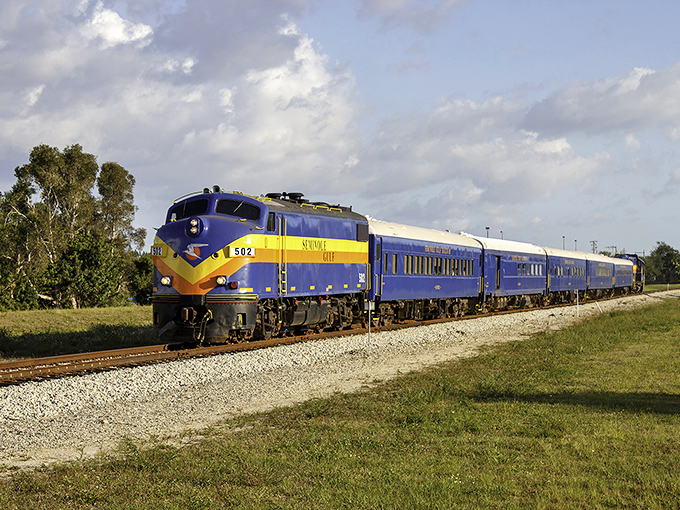 The iconic blue and yellow locomotive cuts through Florida's landscape like a tropical bird among the palms. A sight that makes train enthusiasts weak in the knees. 