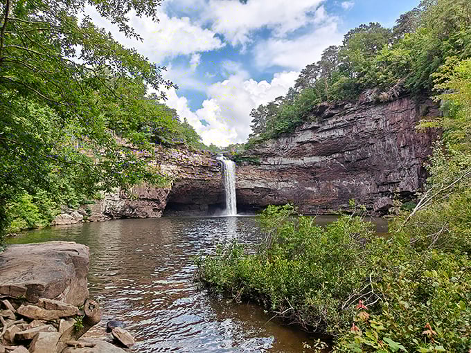 Nature's own infinity pool! DeSoto Falls cascades dramatically over ancient rock formations, creating a symphony of rushing water that soothes the soul.