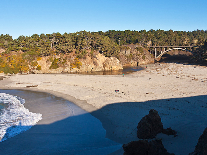 Where land embraces sea: The elegant Highway 1 bridge stands sentinel over this tranquil beach cove, where gentle waves create ever-changing patterns on sand that often bears only the footprints of shorebirds.
