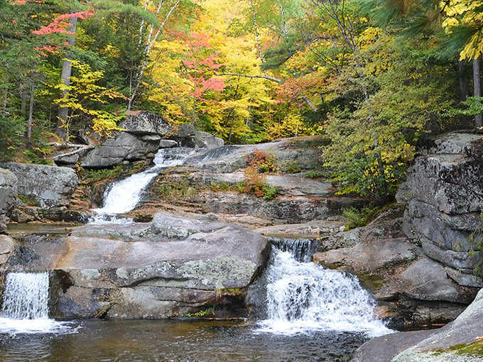 Nature's own watercolor masterpiece: Screw Auger Falls framed by autumn foliage that makes even professional photographers question their camera settings.