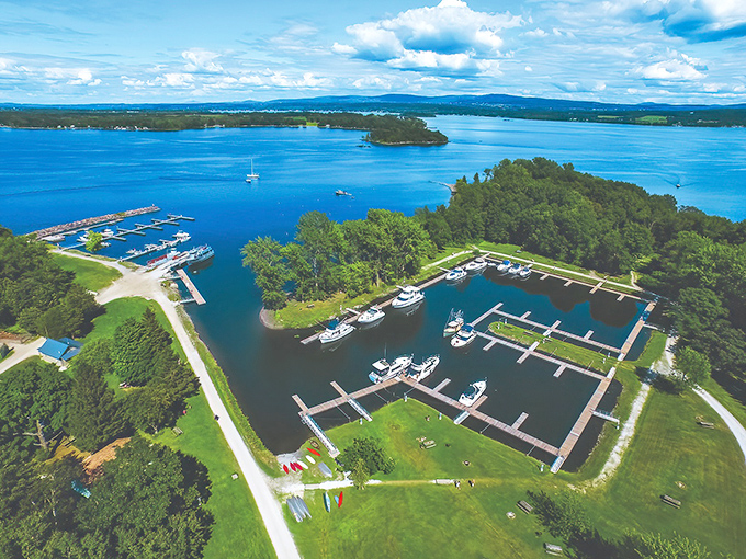 The marina at Burton Island looks like a floating parking lot, except everyone here is genuinely happy to be stuck.