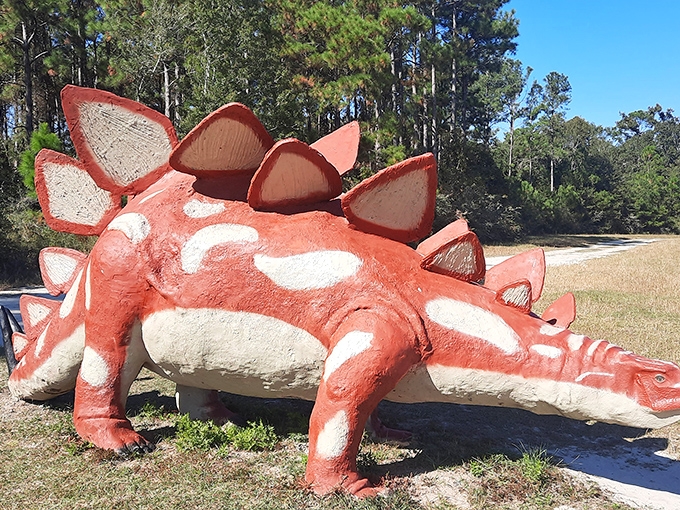 This vibrant red Stegosaurus looks like it wandered straight out of a child's coloring book into the Alabama pines, plates standing tall and proud.