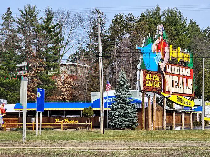The iconic Paul Bunyan's sign beckons hungry travelers with its "All You Can Eat" promise&mdash;a lumberjack-sized adventure awaits inside.