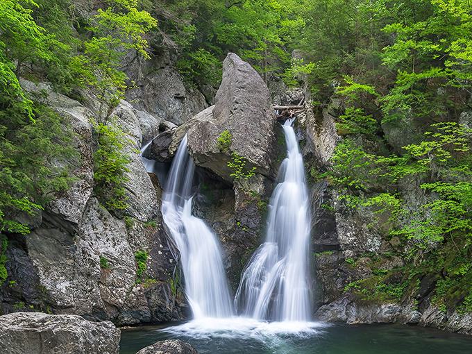 Twin streams of silky water dance between ancient rocks, creating nature's perfect symmetry. The vibrant spring foliage frames this masterpiece like Mother Nature's own museum display.