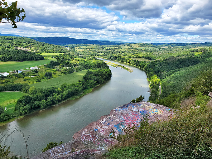 Nature's own IMAX theater, where the Susquehanna River steals the show against a backdrop of rolling Pennsylvania hills and patchwork farmland.