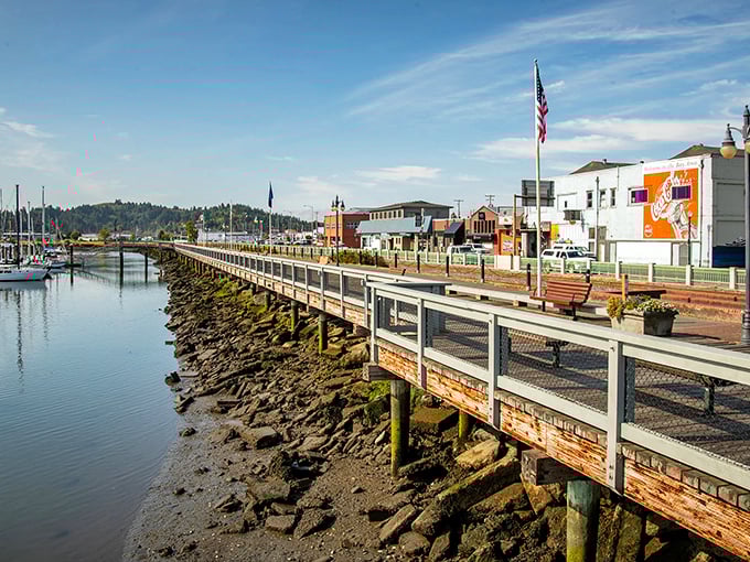The boardwalk stretching along Coos Bay feels like a movie set where small-town charm meets maritime magic. That perfect Pacific Northwest light makes everything glow with possibility.