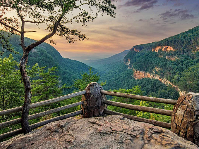 Sunset bathes Cloudland Canyon in golden light, where a rustic overlook offers breathtaking views that stretch for miles into the misty distance.