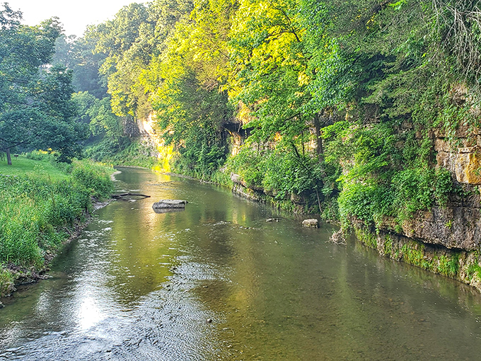 The Apple River winds through limestone bluffs like nature's own sculpture gallery, creating a scene that feels more Colorado than Illinois.
