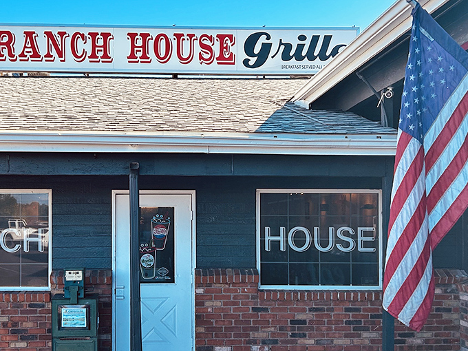 The unassuming exterior of Ranch House Grille in Page beckons with its classic Americana charm and proudly displayed flag&mdash;a breakfast beacon for hungry travelers.