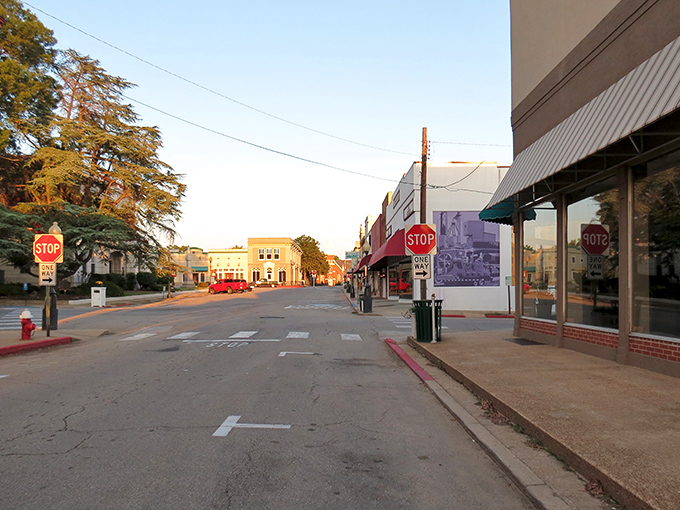 Downtown Searcy at golden hour, when the whole town looks like it's been dipped in honey.