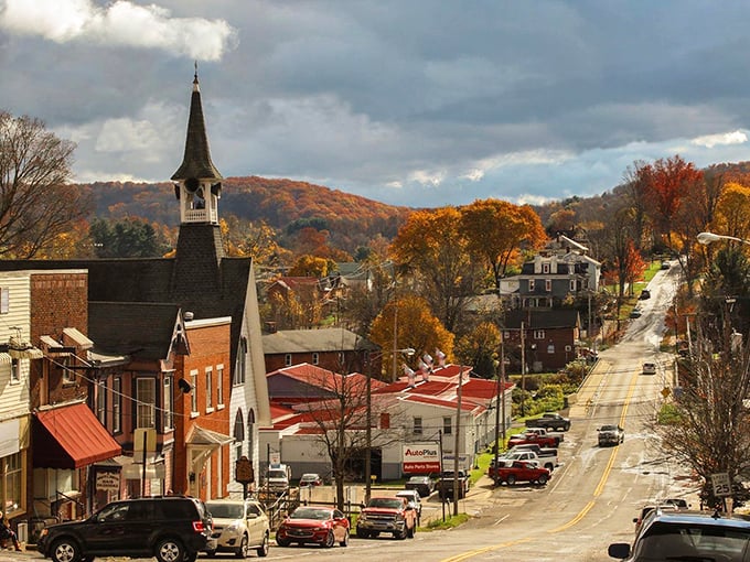 Autumn paints Brookville's hillsides while the historic church spire stands sentinel over Main Street. Small-town America doesn't get more picture-perfect than this.