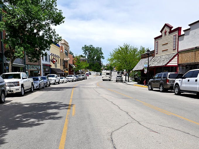 Main Street Buffalo &ndash; where traffic jams mean waiting for two pickups to pass. Small town charm with big mountain views.