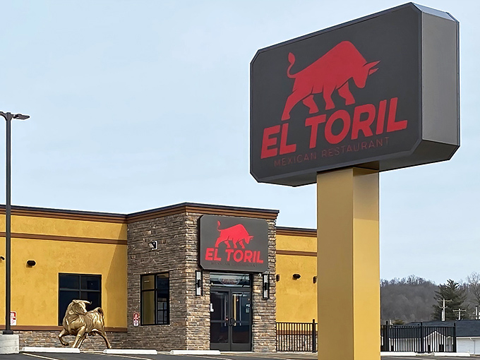 The bold red bull logo against the bright yellow building stands like a beacon of flavor in Gallipolis. No passport required for this south-of-the-border journey. 