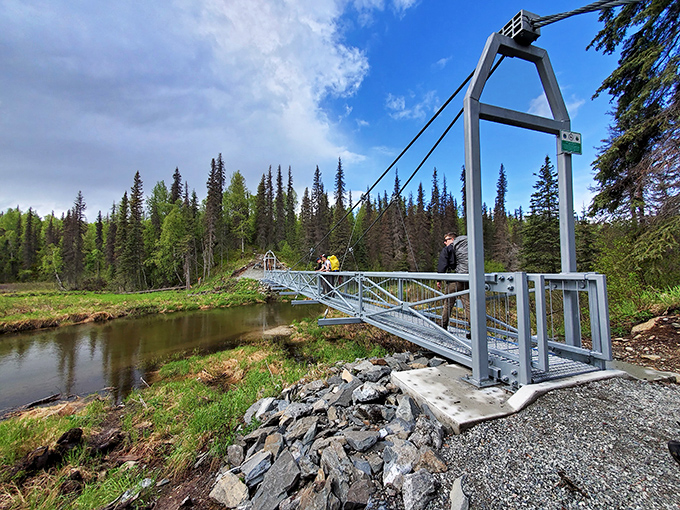 A suspension bridge stretches across a peaceful creek, inviting adventurers to cross into the wild unknown. Nature's version of "you must be this brave to enter."