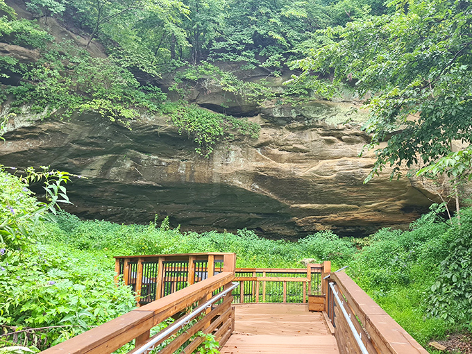 Nature's grand sandstone amphitheater awaits at the end of this wooden boardwalk, like finding the backstage pass to Earth's greatest rock concert.