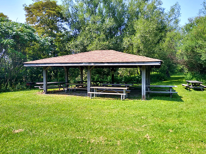 A picnic pavilion that whispers, "Bring your potato salad here." Nature's dining room comes complete with a roof for those surprise Pennsylvania rain showers.