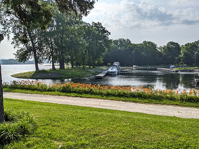 The marina at Burton Island looks like a floating parking lot, except everyone here is genuinely happy to be stuck.