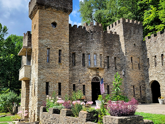 The stone facade of Chateau Laroche stands proudly against the Ohio sky, looking like it was teleported straight from medieval Europe to suburban Cincinnati.