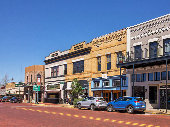 Downtown Nacogdoches showcases its historic charm with brick streets and well-preserved buildings that whisper stories from Texas's oldest town.