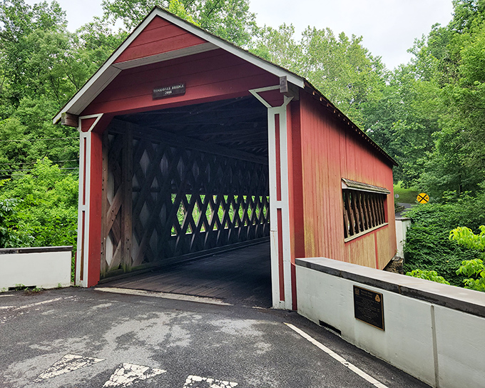 The classic red exterior of Wooddale Covered Bridge stands like a time portal nestled among Delaware's lush greenery, inviting travelers to slow down and step inside.