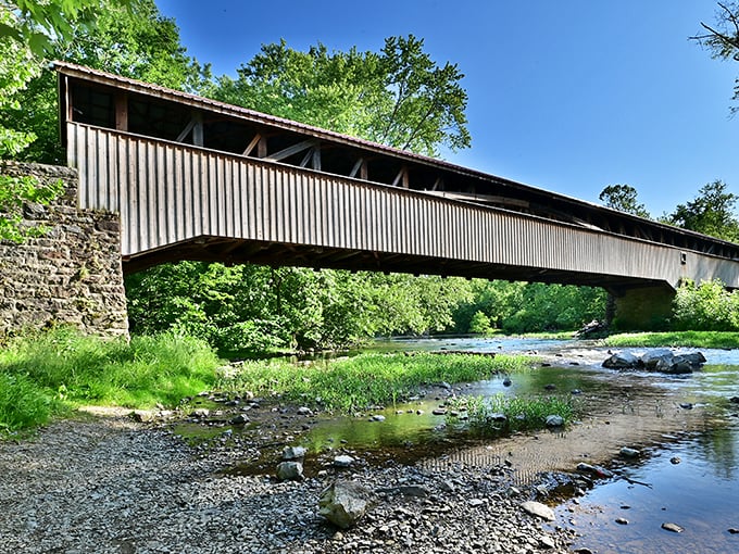 Mother Nature couldn't have framed it better &ndash; Pennsylvania's longest remaining covered bridge stretches 270 feet across Tuscarora Creek like a wooden time machine.