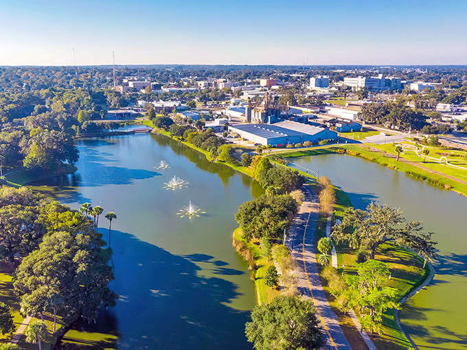 Downtown Ocala from above &ndash; where small-town charm meets big sky country. Those cotton candy clouds seem to be putting on a show just for visitors below.
