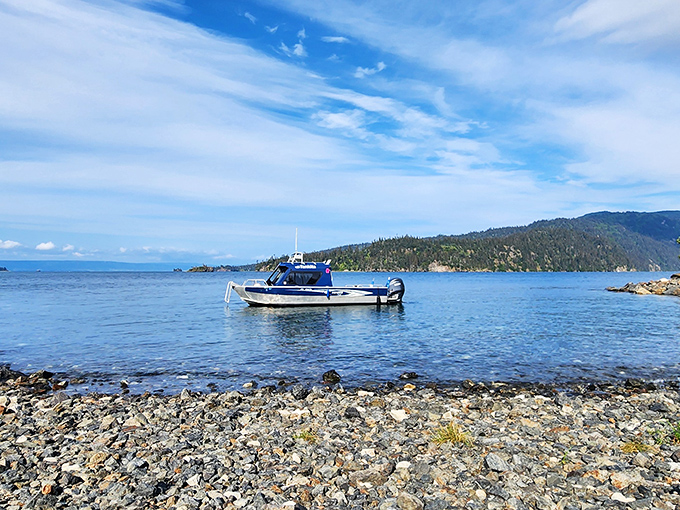 Your water taxi awaits! This little blue boat is the golden ticket to wilderness adventures that Willy Wonka could only dream about.