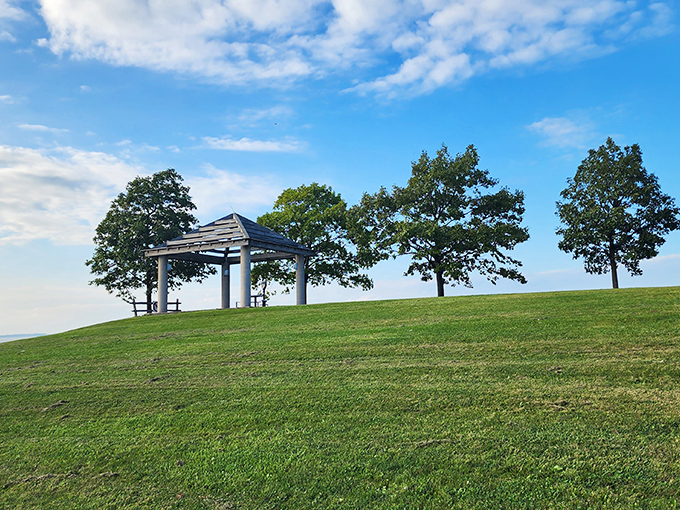 A hilltop gazebo stands like nature's perfect selfie spot. The kind of place where contemplative thoughts and sandwich crumbs are equally welcome.