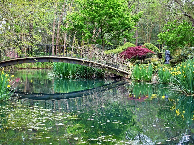 A serene pond reflects the arched bridge like nature's own Instagram filter. Monet would have set up his easel here in a heartbeat.