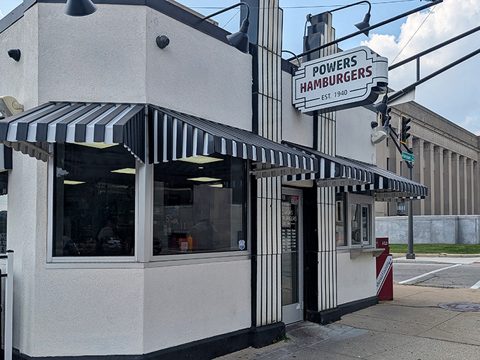 From this angle, Powers' distinctive Art Deco-inspired architecture and vintage signage announce its presence as a timeless Indiana landmark.