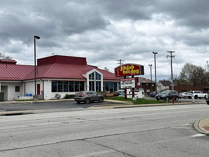 Jib Jab, standing proudly with that red roof&mdash;the beacon for hot dog and chili cheese fry aficionados in Ohio. This is a must-stop roadside gem.