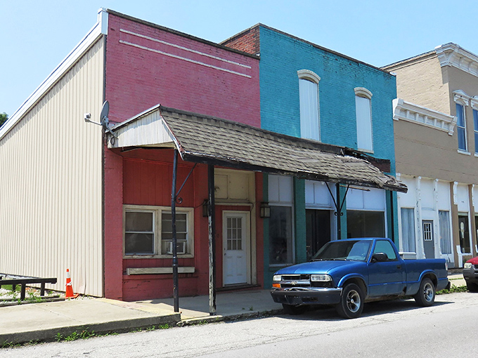 Classic Hoosier architecture in living color! This blue and red storefront duo could tell tales that would make your grandmother blush and your grandfather nod knowingly.