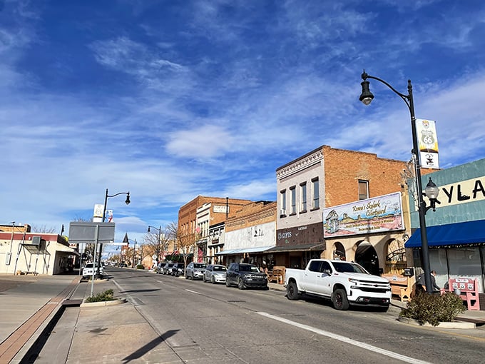Downtown Winslow greets visitors with wide streets and classic storefronts&mdash;a postcard from simpler, more affordable times.