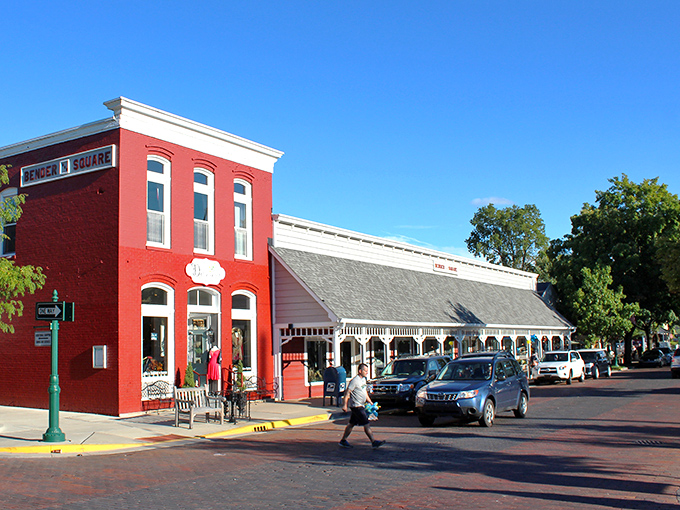 Hendricks Square's vibrant red brick fa&ccedil;ade stands as a colorful welcome to Zionsville's charming downtown shopping district.