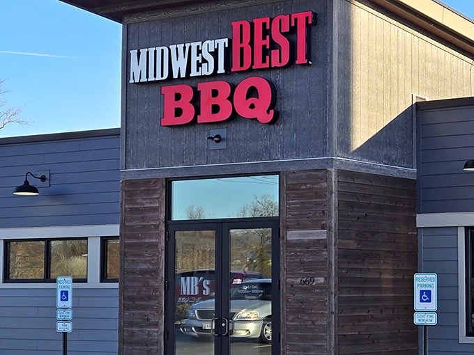 The unassuming exterior hides barbecue greatness within, like finding a diamond in your backyard. That red sign is basically a beacon for hungry souls.