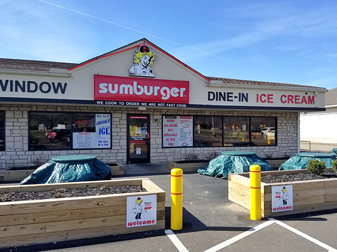 The stone facade and vintage signage aren't trying to be retro&mdash;they're the real deal, standing strong through decades of burger perfection.