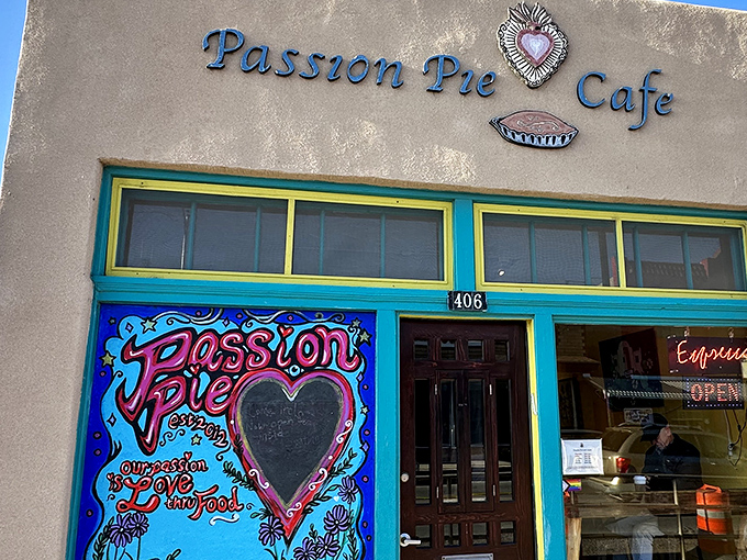 The adobe facade with turquoise trim isn't just southwestern charm&mdash;it's a portal to breakfast nirvana. That heart-adorned sign promises love at first bite. 