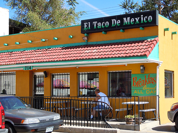 The sunshine-yellow exterior of El Taco De Mexico stands as a beacon of hope for breakfast burrito enthusiasts, promising authentic flavors behind its modest facade.
