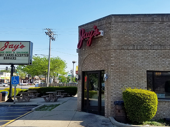 The iconic red script of Jay's Beef glows like a beacon of hope for the hungry. This unassuming brick building houses sandwich greatness that locals have treasured for decades.