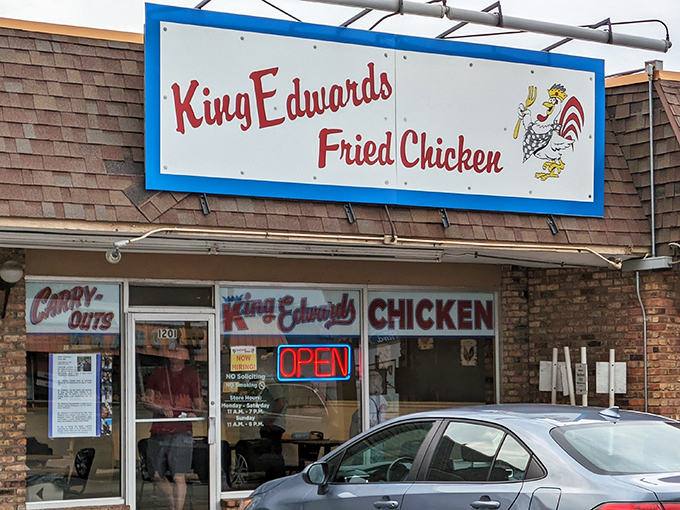 The unassuming blue and red sign says it all &ndash; no fancy frills needed when your chicken speaks volumes.
