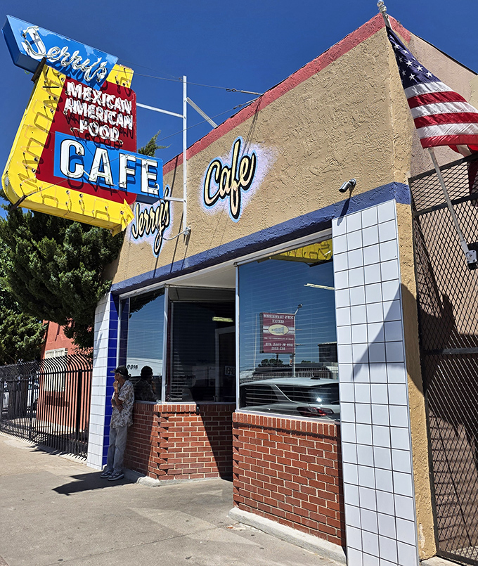 The vintage sign says it all: "Mexican American Food" in bold letters that have been guiding hungry travelers to breakfast nirvana for generations.